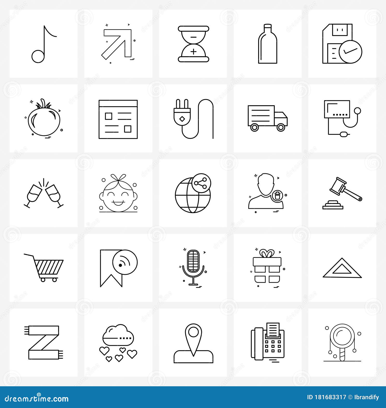 25 Interface Line Icon Set of Modern Symbols on Tick, Floppy Disk ...