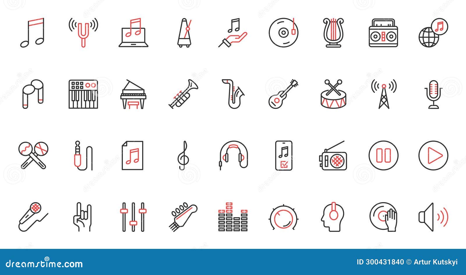 Music Trendy Red Black Thin Line Icons Set, Acoustic Instruments, Notes ...