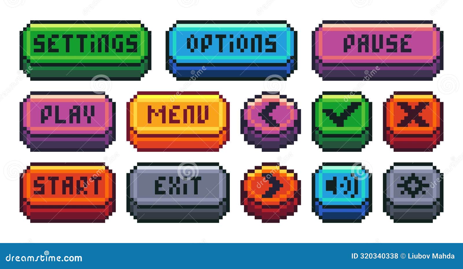 Interface Menu Pixel Buttons. Retro Video Game UI Navigation Panel, 8 Bit Sprite Game App Icons ...