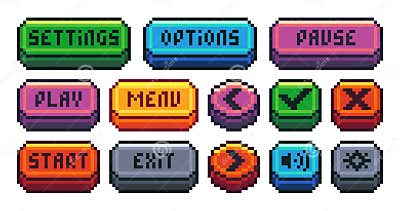 Interface Menu Pixel Buttons. Retro Video Game UI Navigation Panel, 8 ...