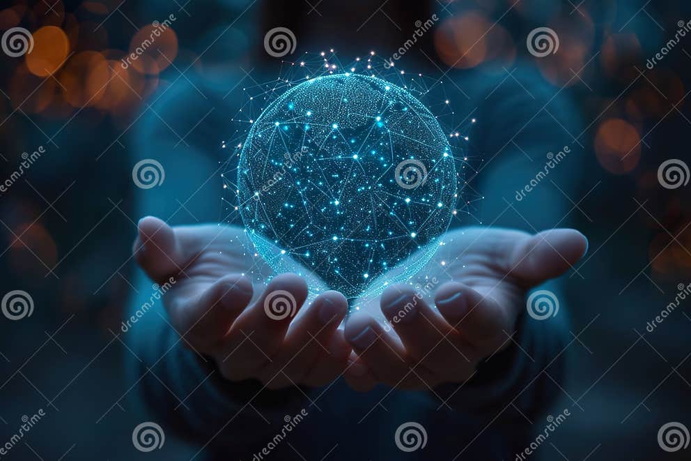 Interface Networks Connect Sphere on Hand. Stock Image - Image of ...