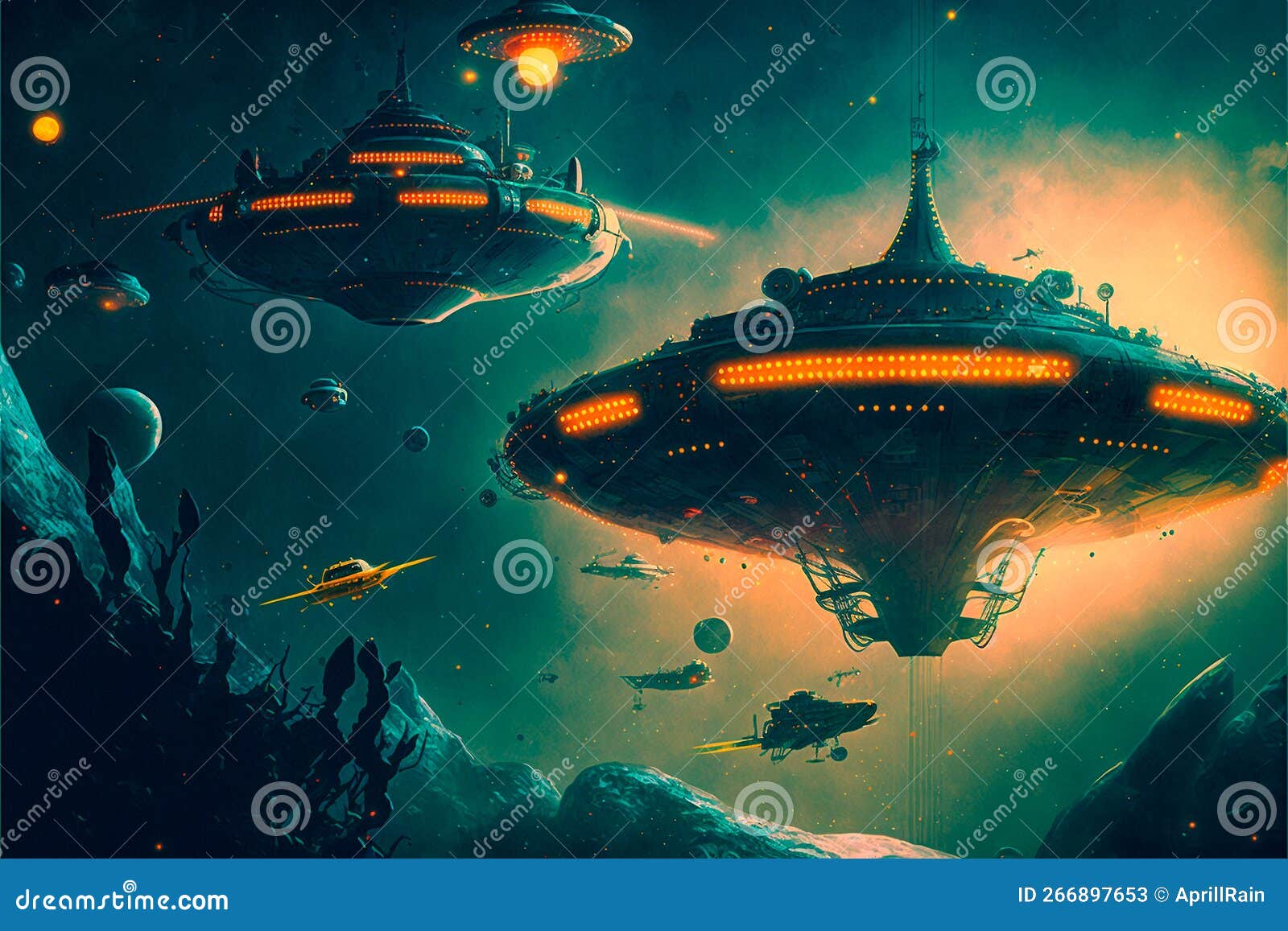 Intergalactic Spaceships on the Background of Planets and Space Stock ...