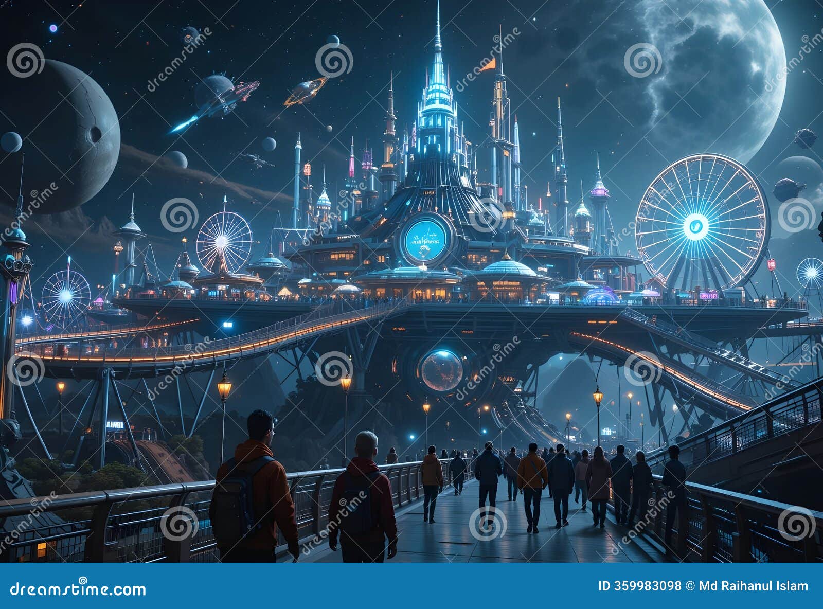 Intergalactic Theme Park with Anti-Gravity Rides Floating in Deep Space ...