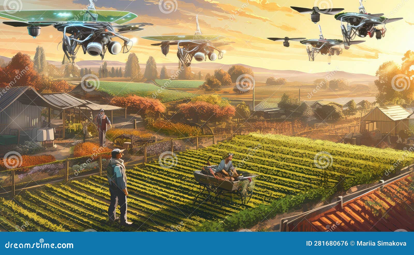 Intergartion of Drones on a Farm Photo Realistic Illustration ...