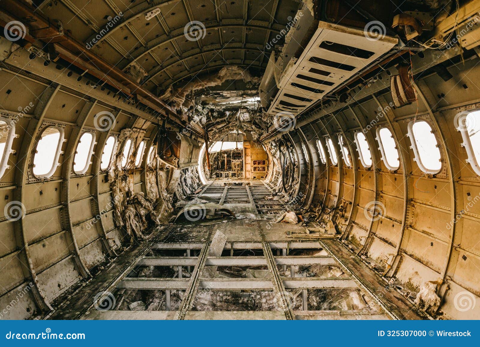 Interior of an Abandoned Airplane Fuselage with Structural Damage and ...