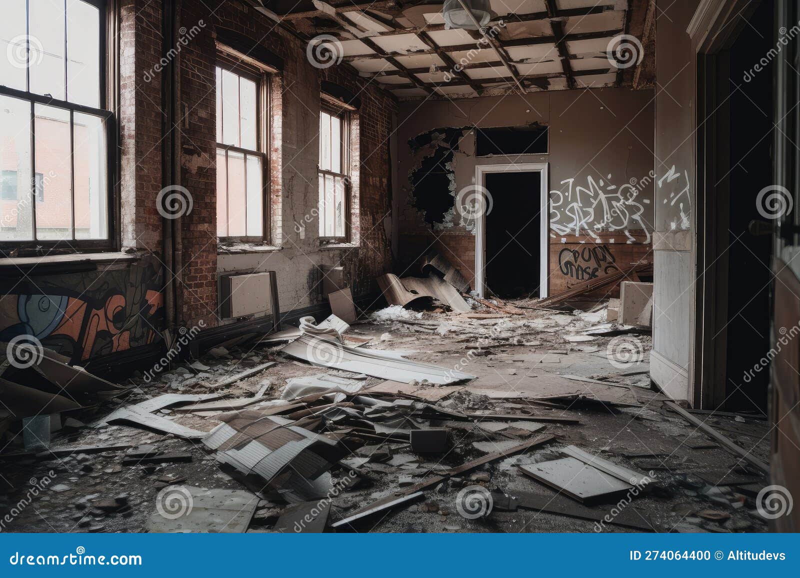Interior of Abandoned Building, with Broken Windows and Debris ...