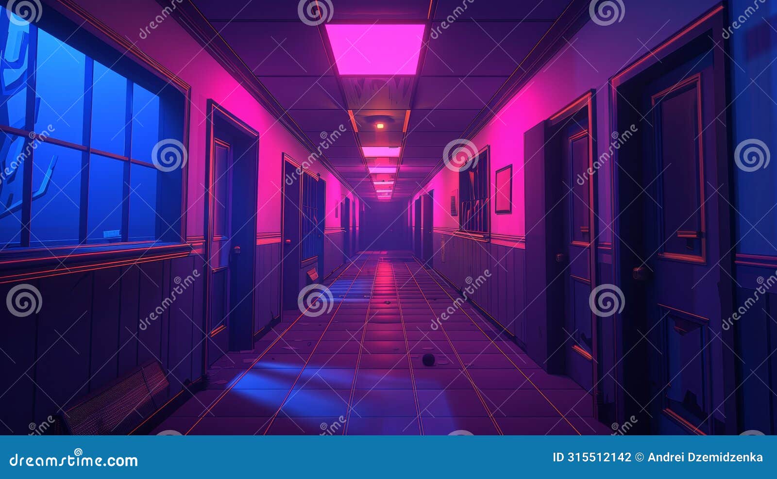 The Interior of an Abandoned School Hallway at Night Stock Photo ...