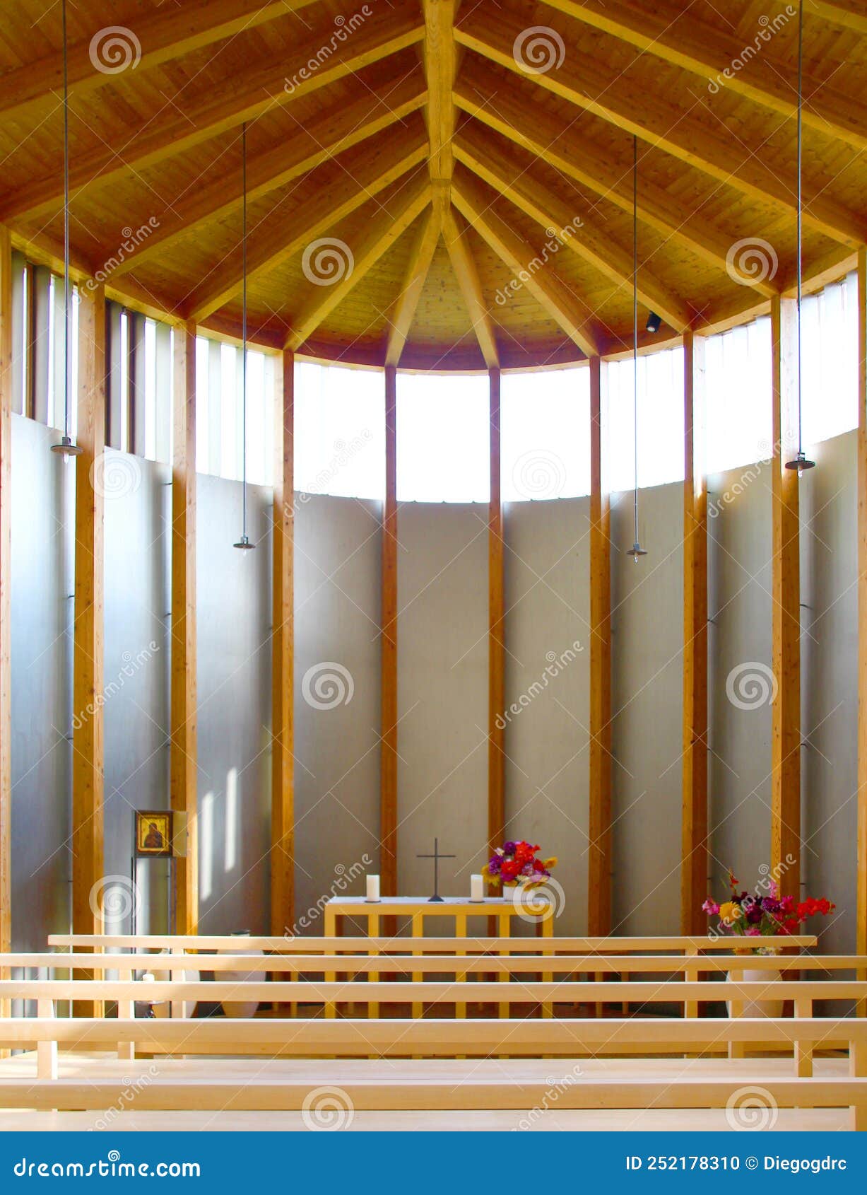 Front View of an Altar Inside a Modern Church Built of Warm Wood ...