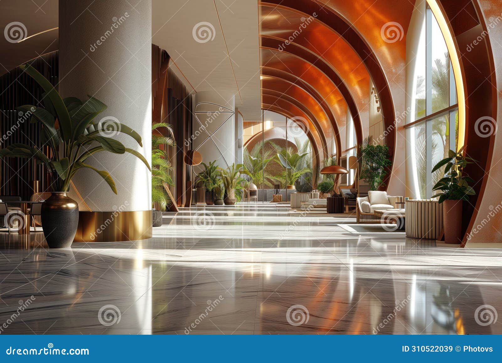 Interior Architecture of Hotel Lobby Features Large Window with Modern ...