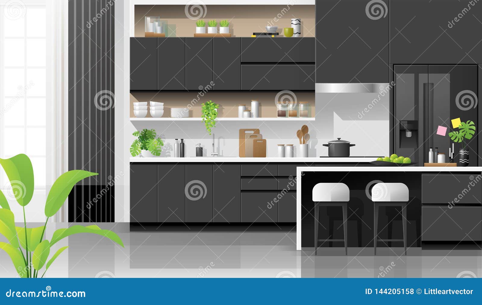 Interior Background with Modern Black and White Kitchen Stock Vector ...