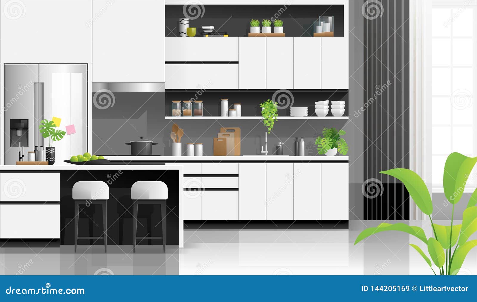 Interior Background with Modern Black and White Kitchen Stock Vector ...