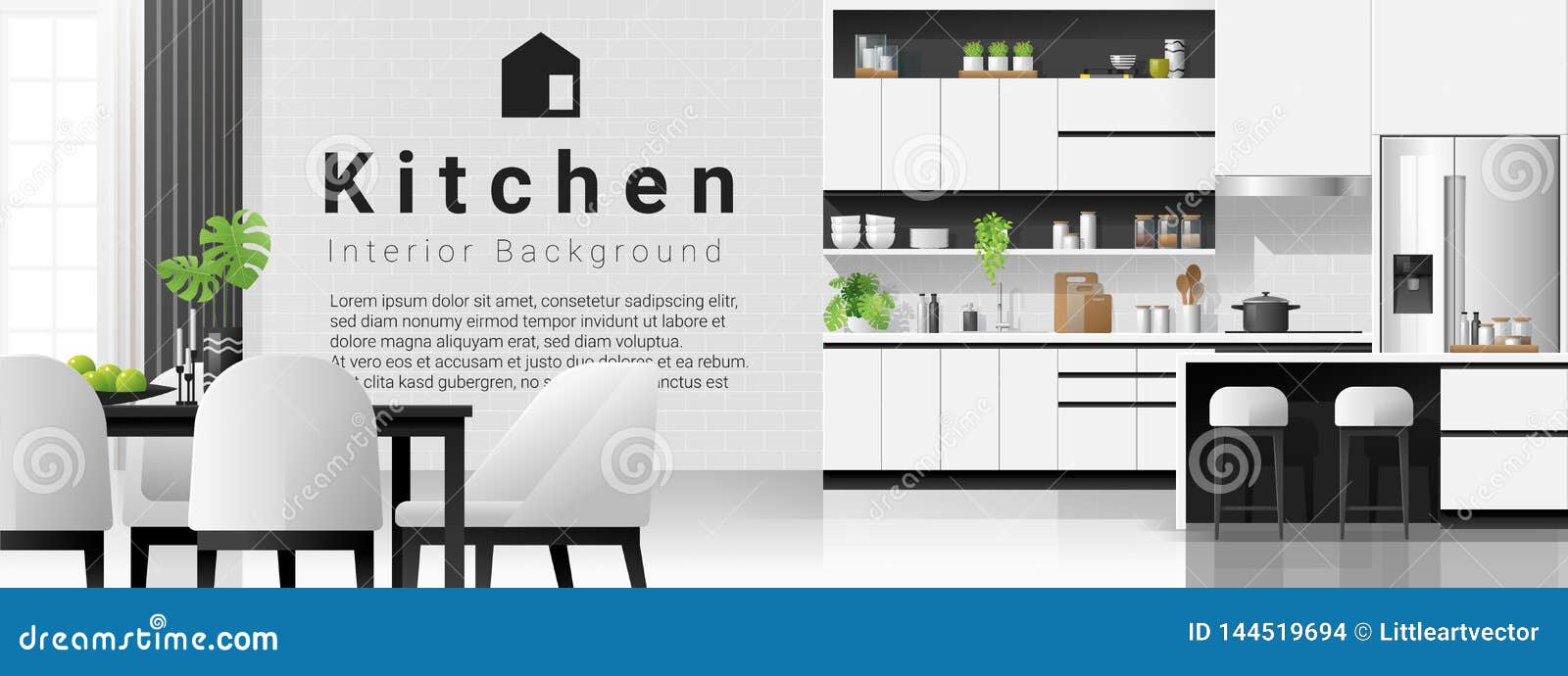 Interior Background with Modern Black and White Kitchen Stock Vector ...