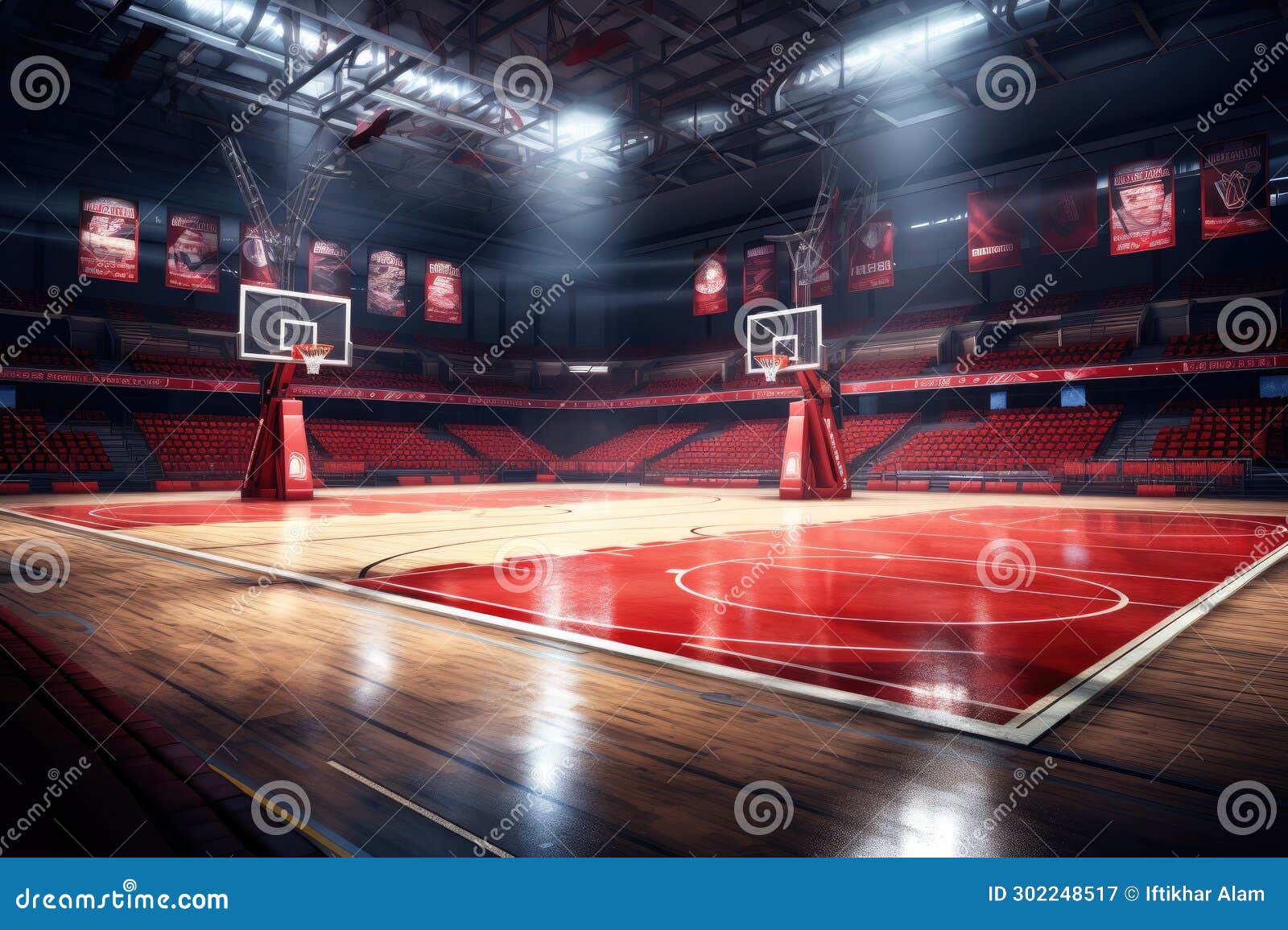 Interior of a Basketball Court with Red Seats and Lights. 3d Rendering ...