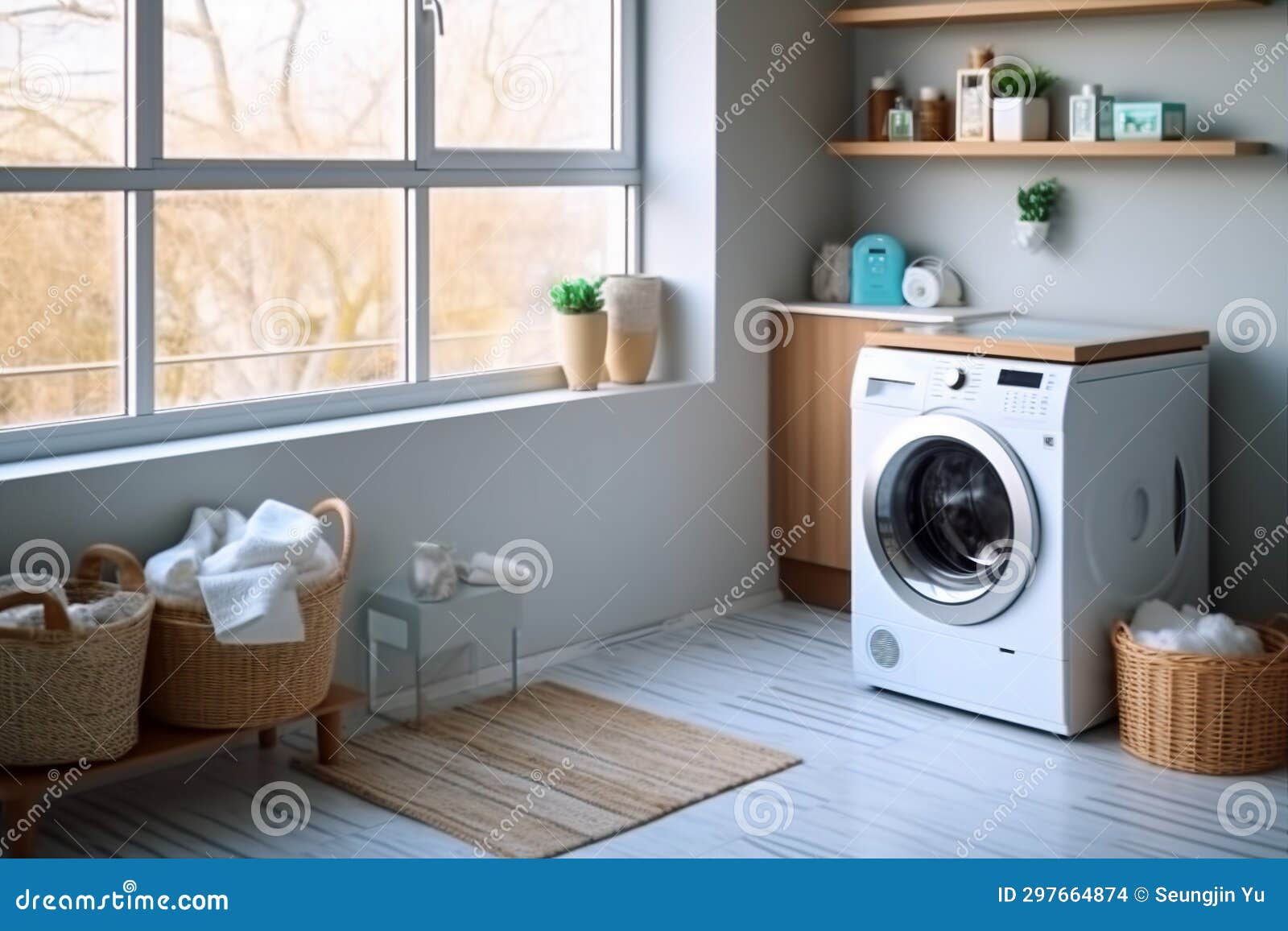 Interior of Bathroom with Modern Washing Machine. Stock Photo - Image ...