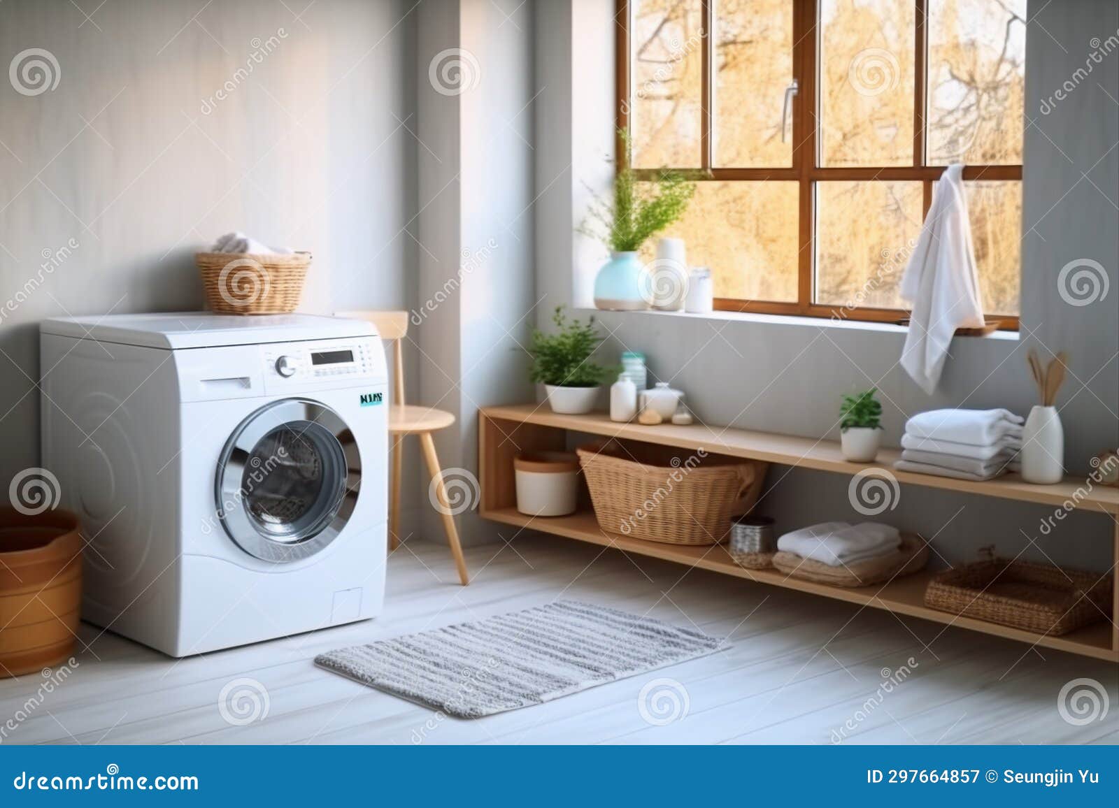 Interior of Bathroom with Modern Washing Machine. Stock Image - Image ...