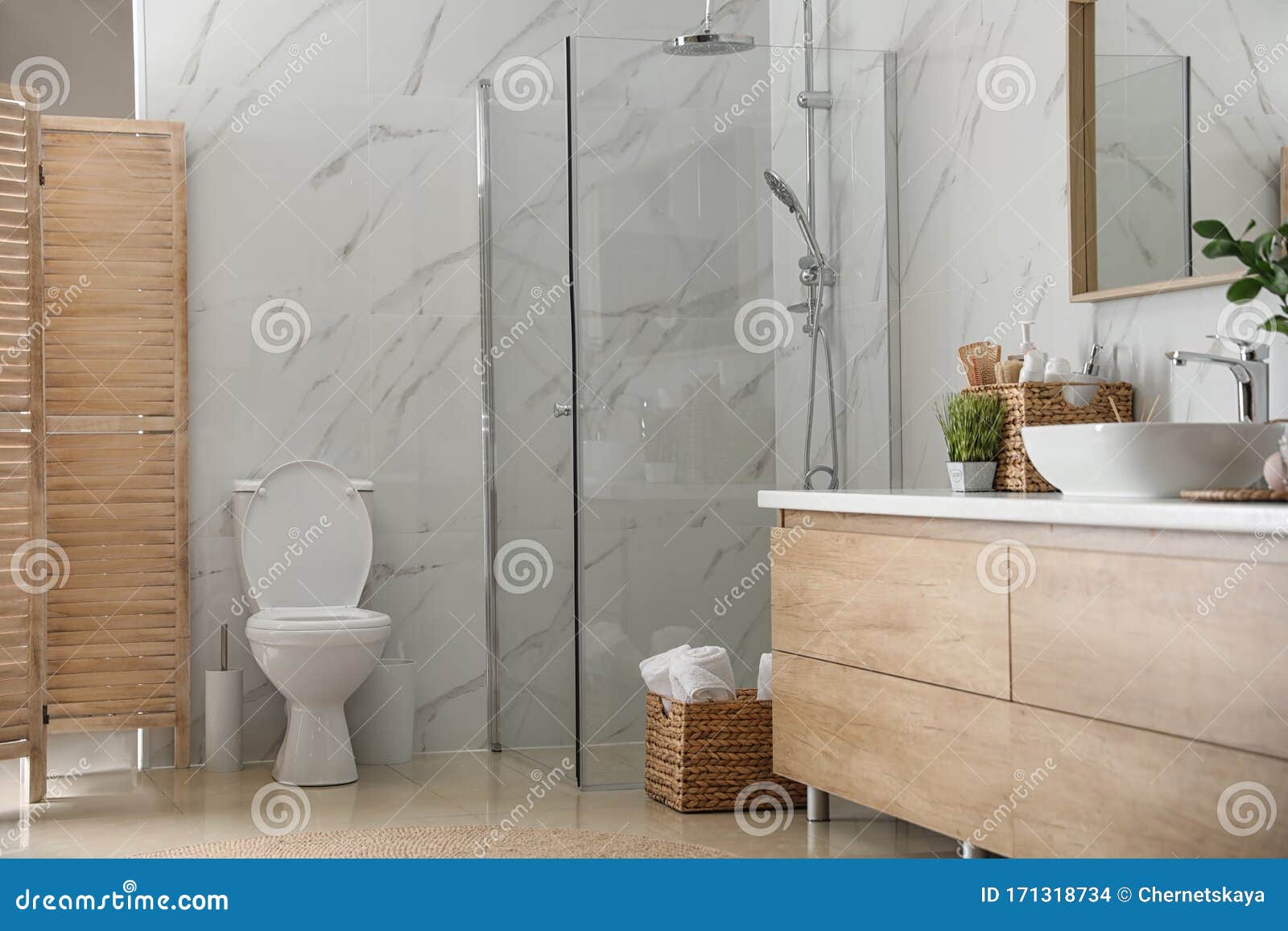 Interior of Bathroom with Shower Unit Stock Photo - Image of toilet ...