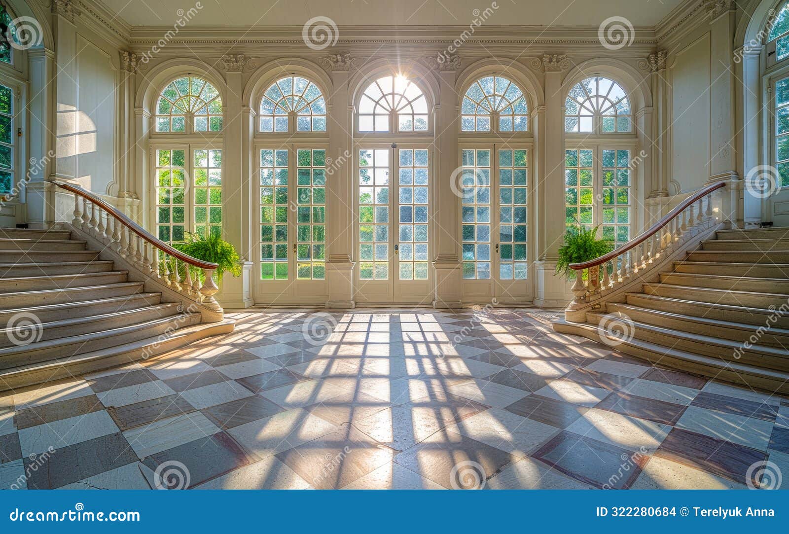 The Interior of Beautiful House with Large Windows and Marble Staircase ...
