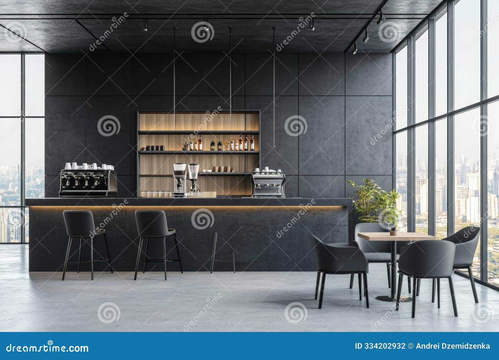 The Interior of a Black Restaurant Features a Dining Area, Bar Counter ...