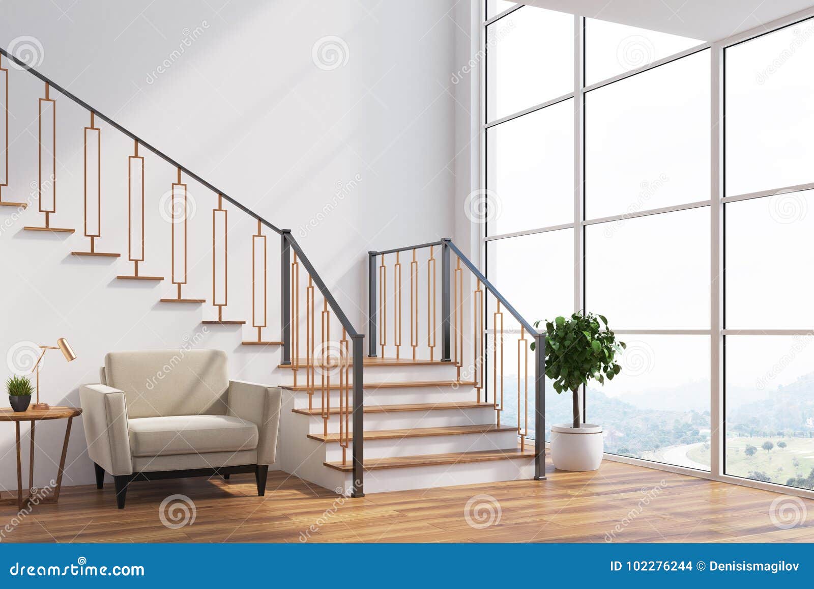 Interior Blanco De La Sala De Estar, Escaleras, Butaca, Lado Stock de ...