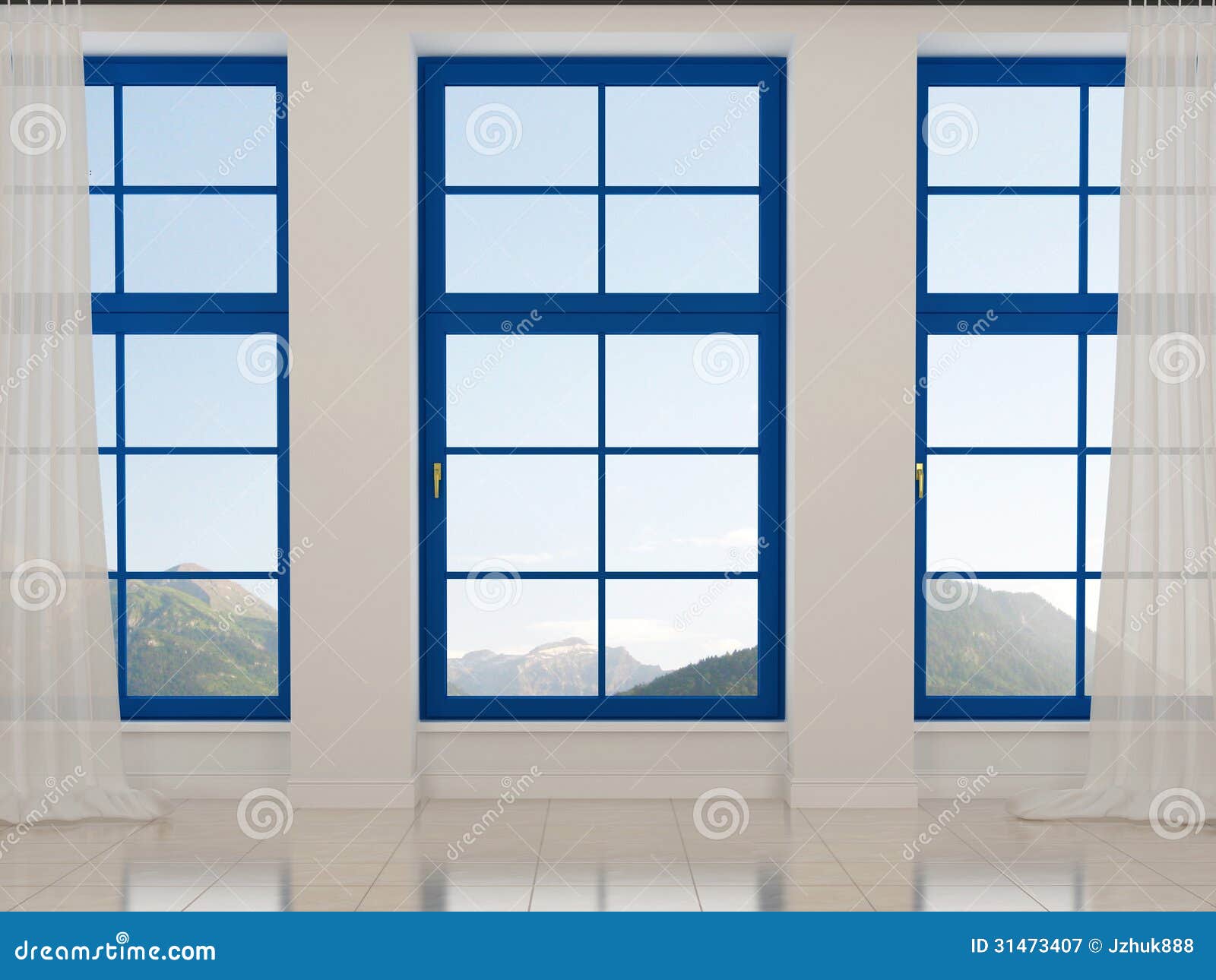Interior with blue windows stock image. Image of wood - 31473407