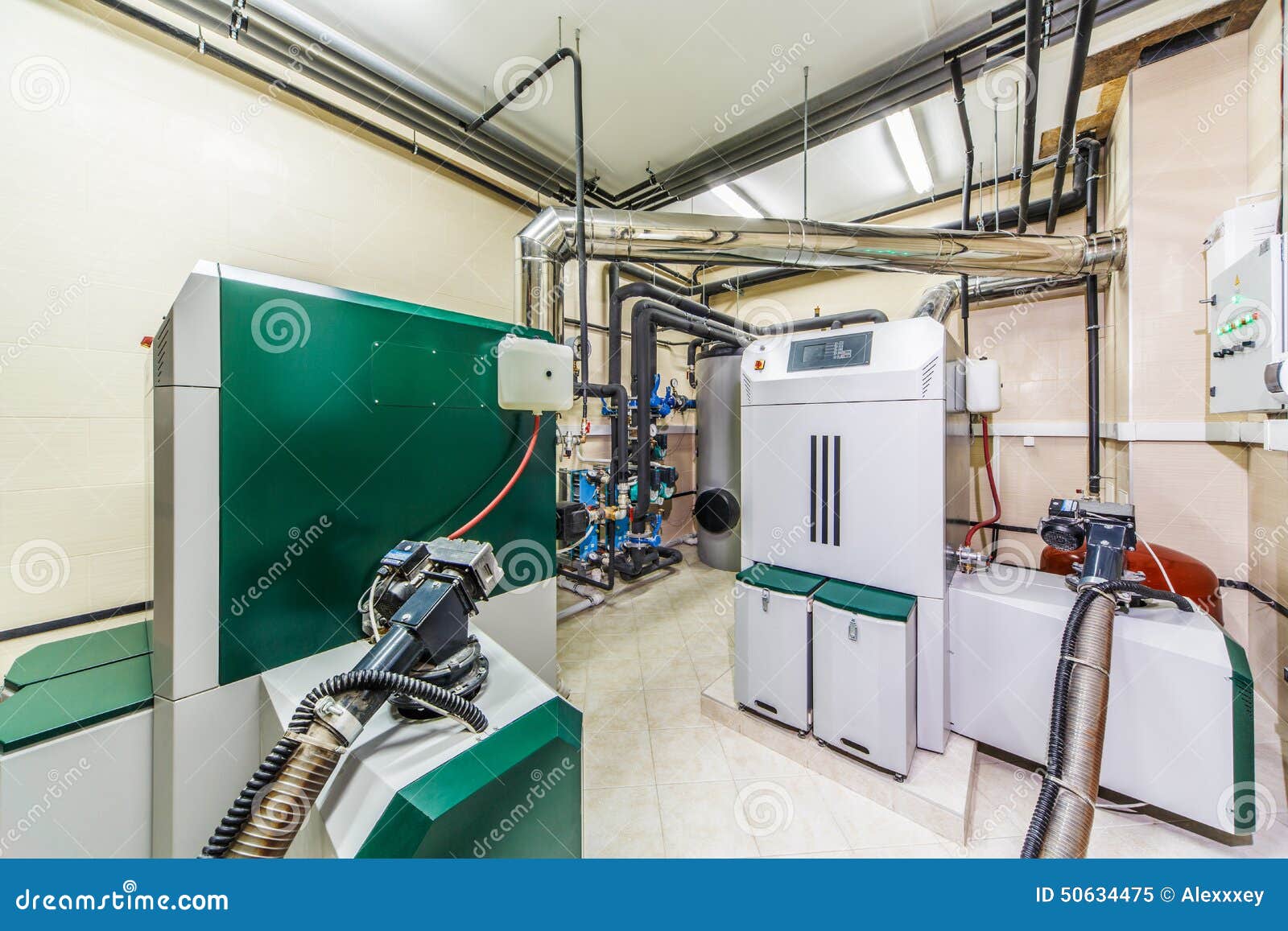 Interior Gas Boiler Room With Multiple Pumps And Piping Royalty-Free ...