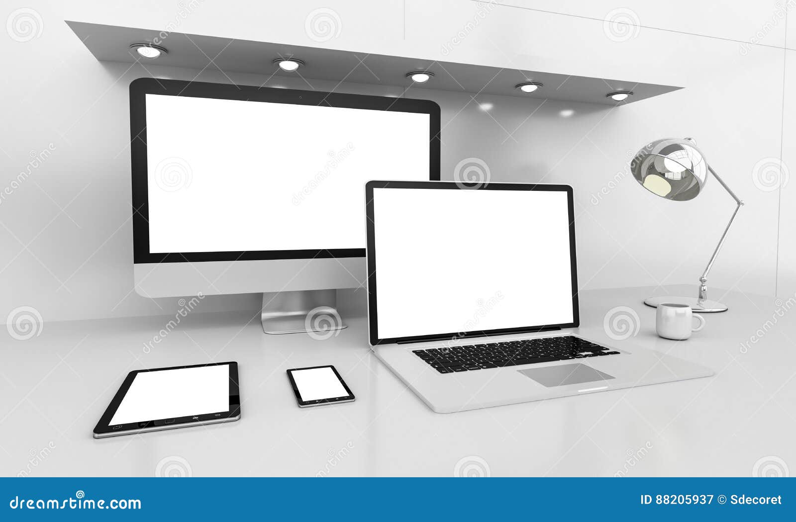 Interior Branco Moderno Da Mesa Com O Renderin Do Computador E Dos ...