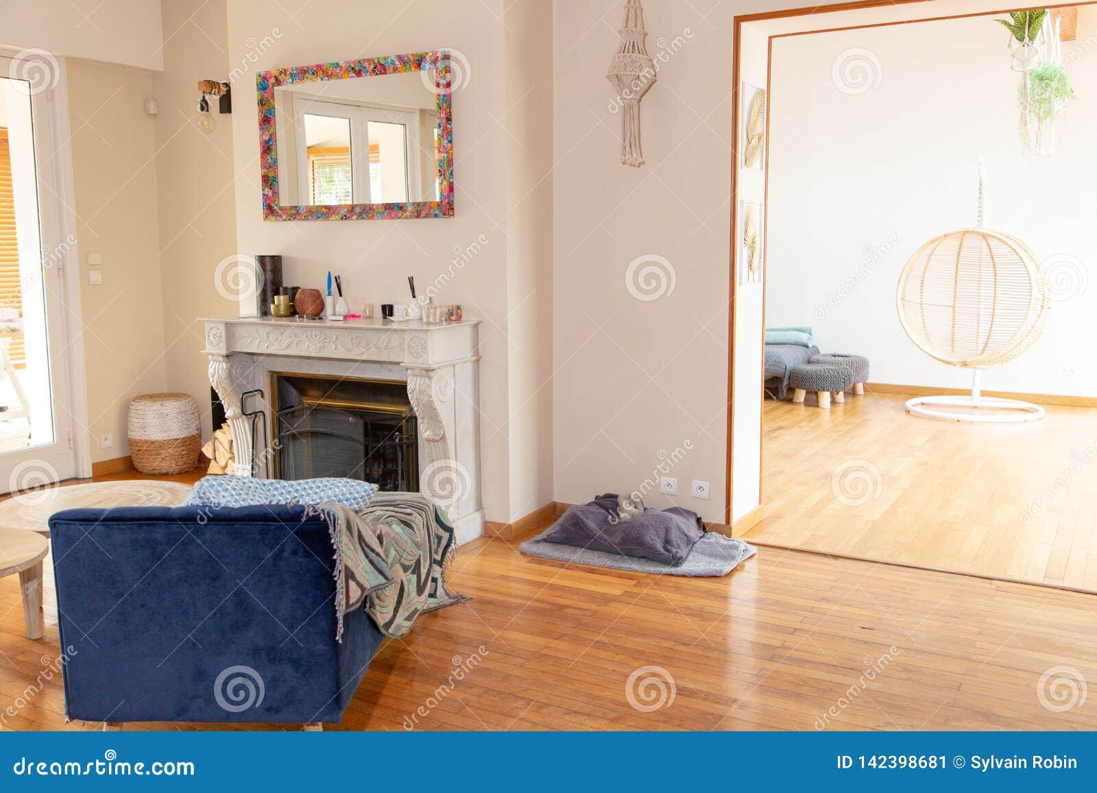 Interior of Bright House with Fireplace and Wood Floor Stock Image ...