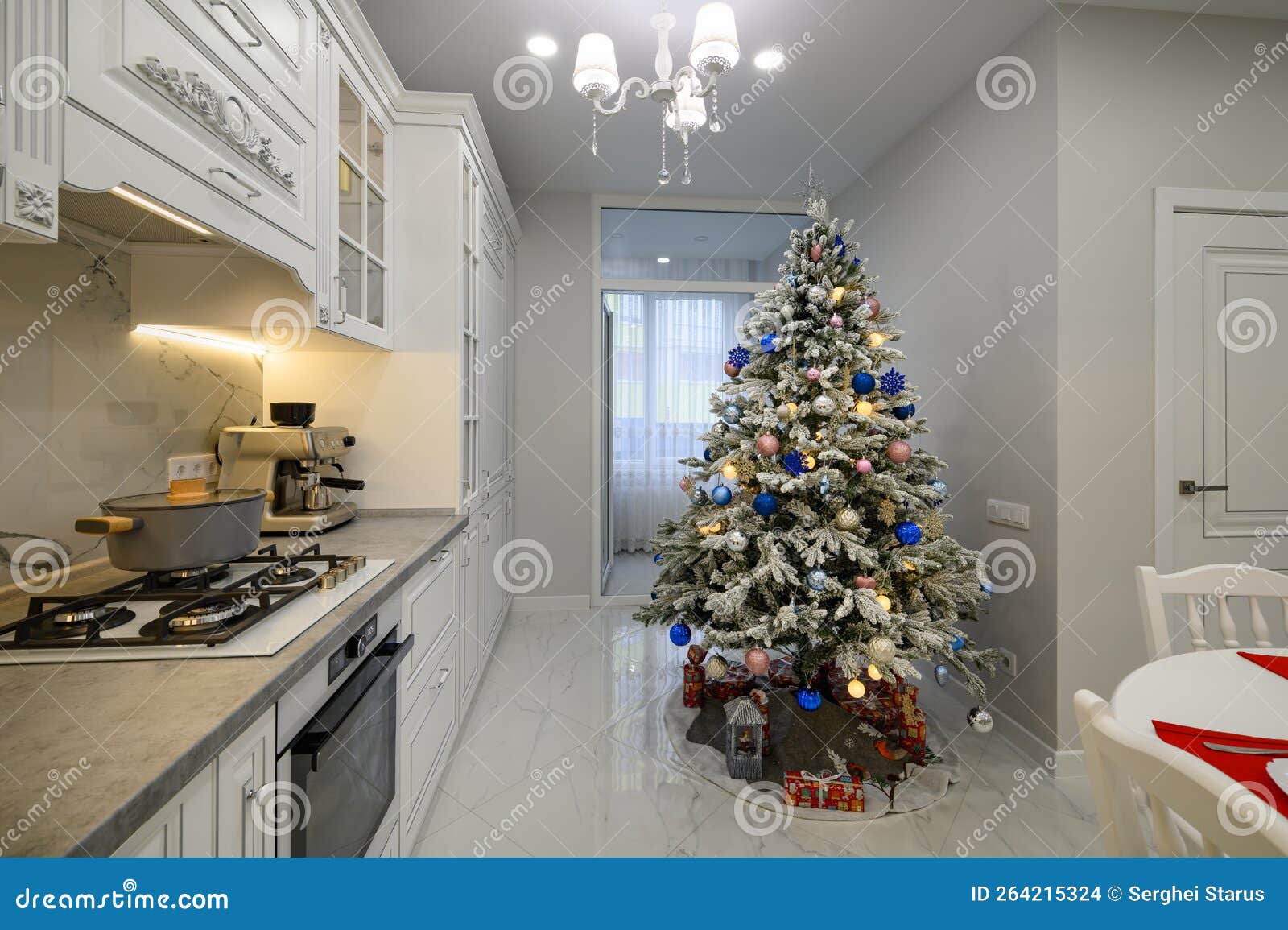 Interior of Bright Modern Kitchen Decorated for Christmas Stock Photo ...