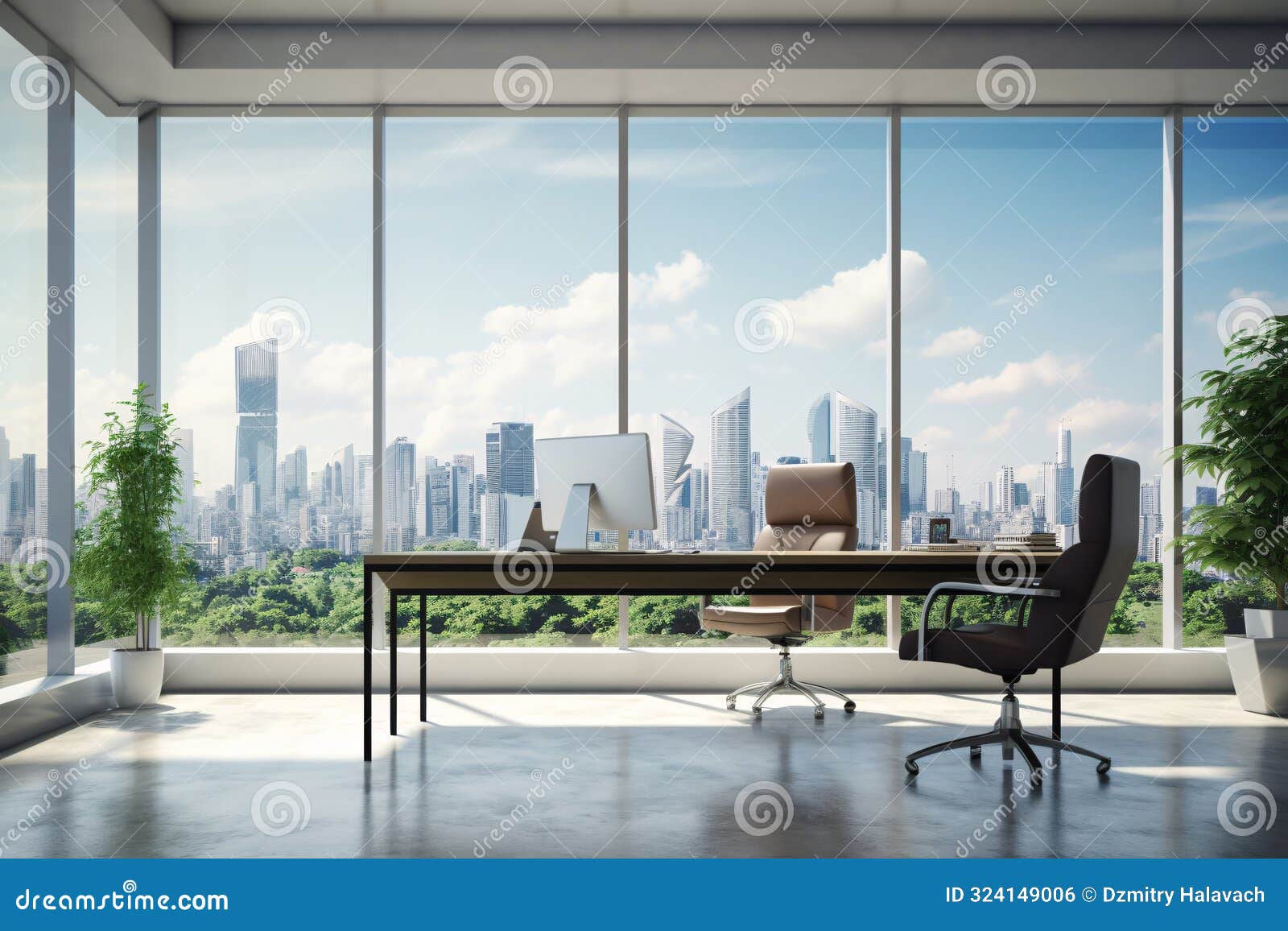 Interior of a Bright Office with Large Windows, Work Desks and ...