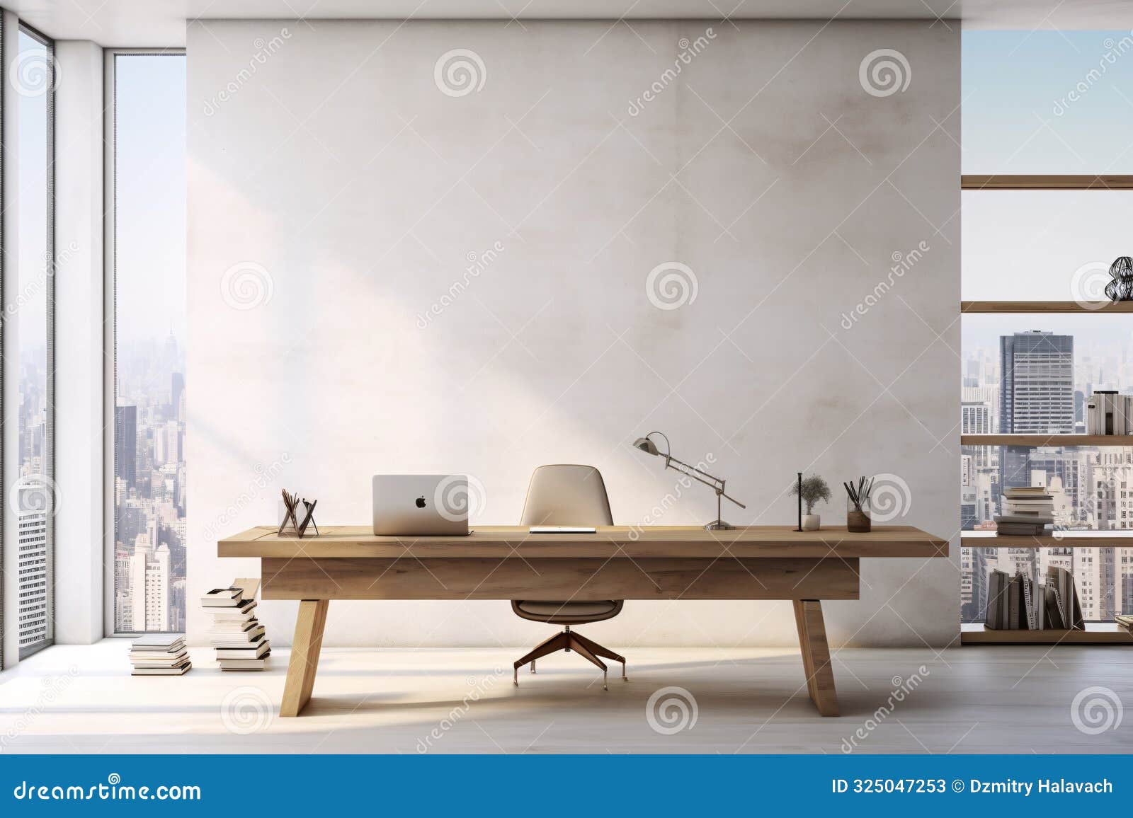 Interior of a Bright Office with Large Windows, Work Desks and ...