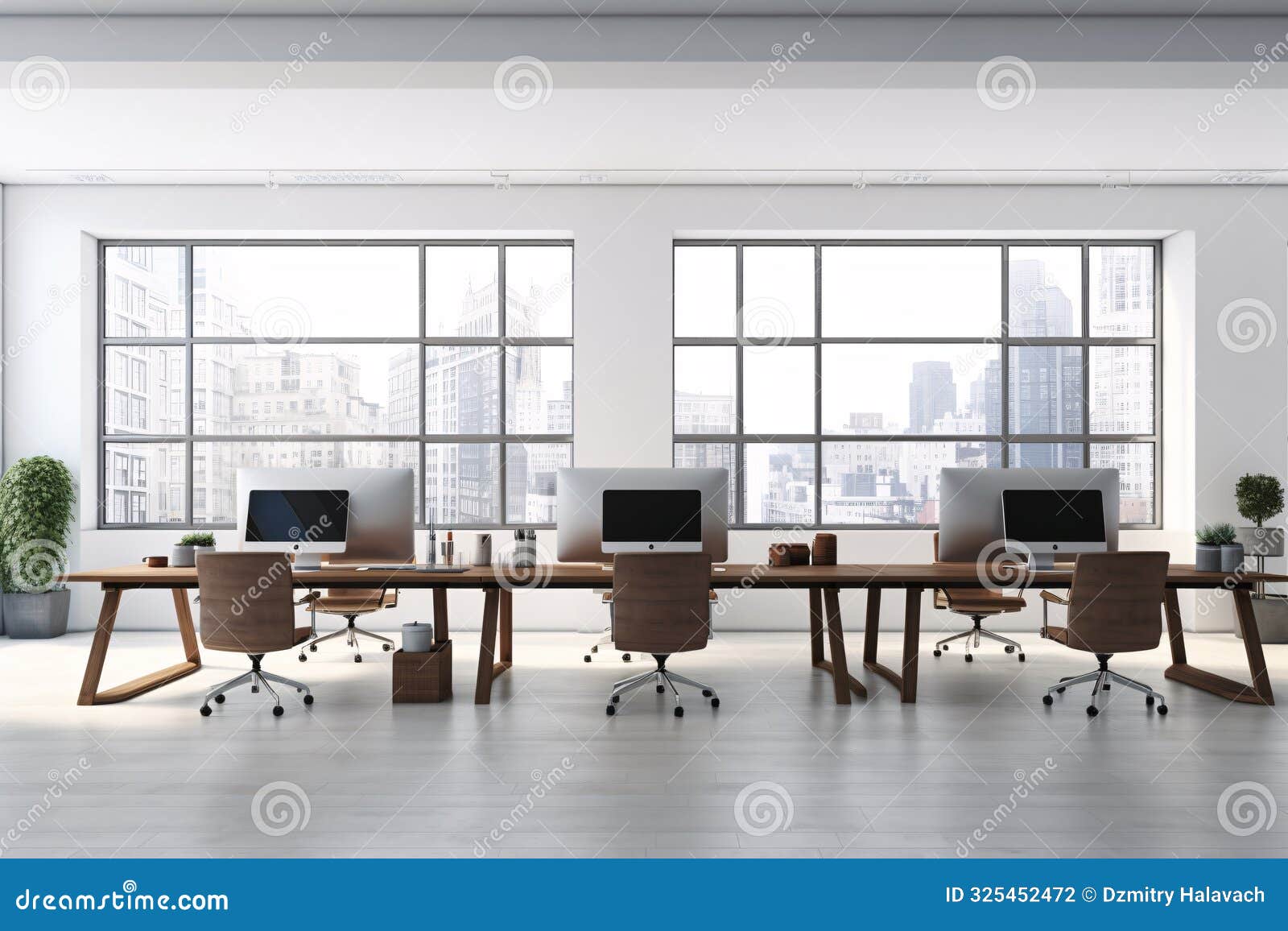 Interior of a Bright Office with Large Windows, Work Desks and ...