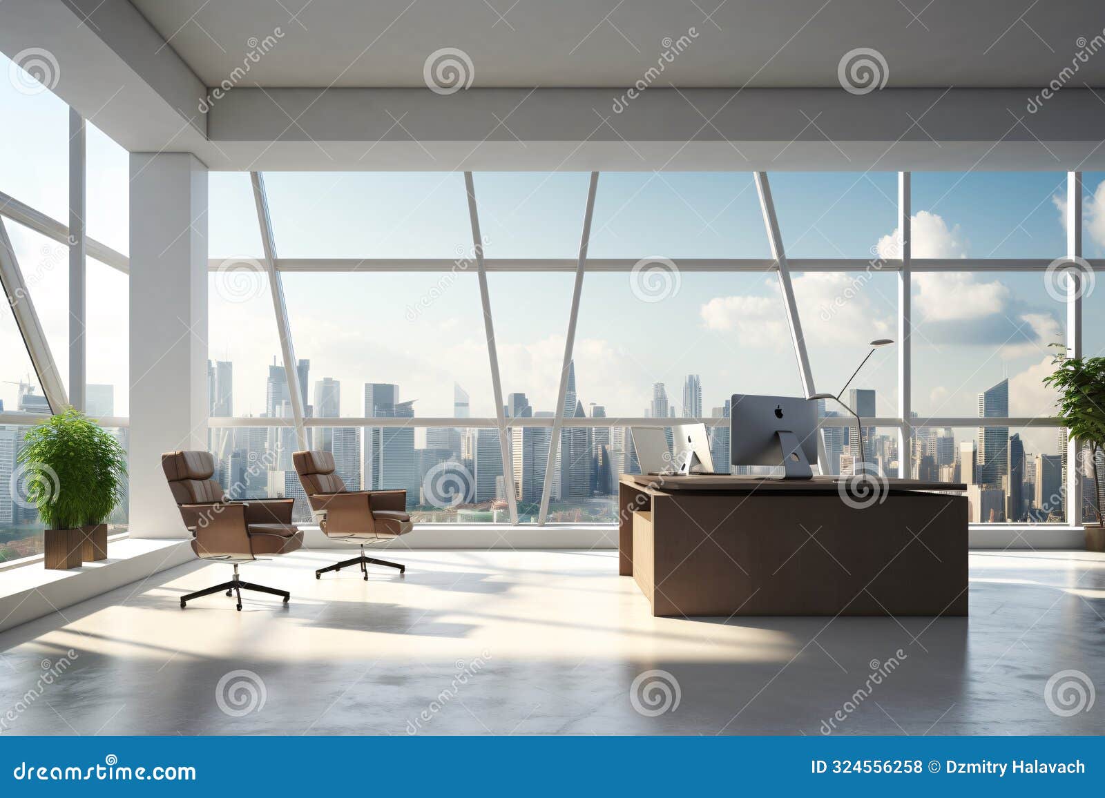 Interior of a Bright Office with Large Windows, Work Desks and ...