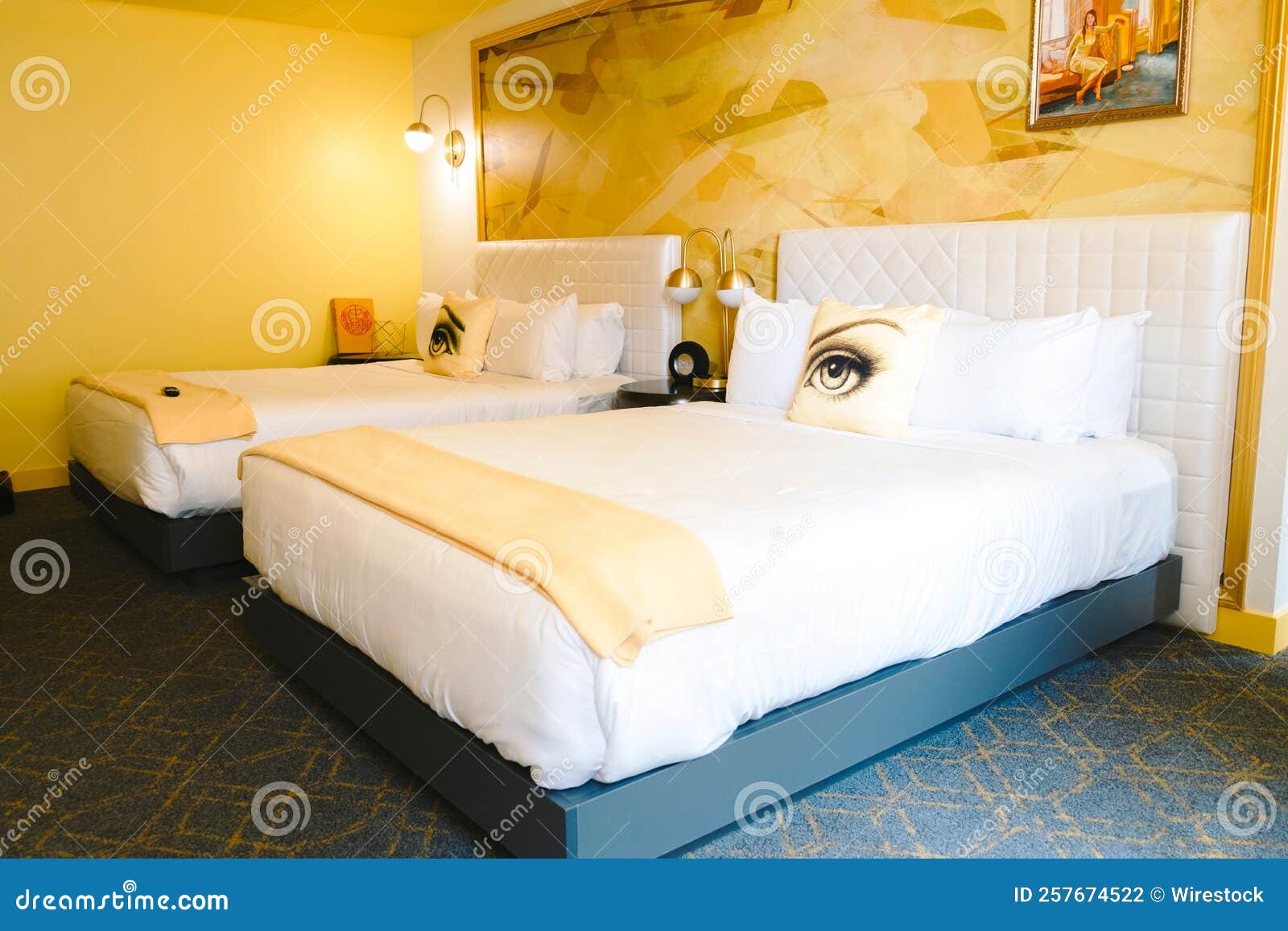 Interior of a Bright Sunny Yellow Hotel Room with Two Beds Editorial ...