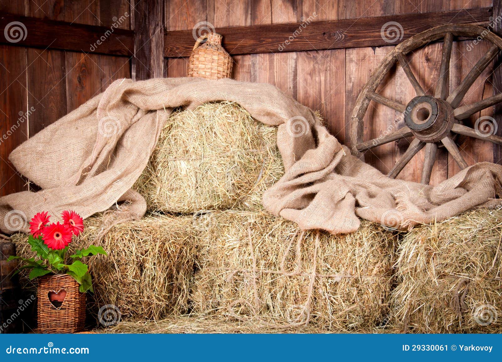 The Interior of the Building of the Village. Wheel, Hay, Bucket, Bottle ...