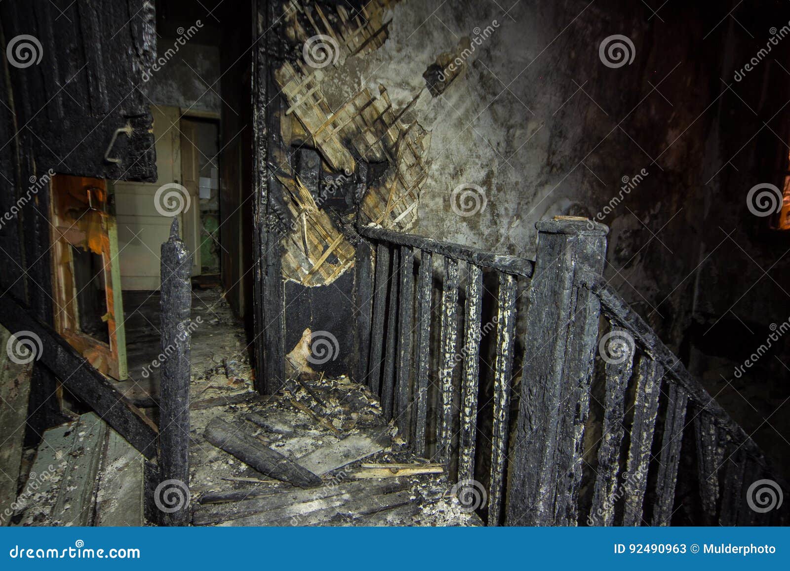 Interior of the Burned by Fire House, Burned Wooden Stairs Stock Image ...