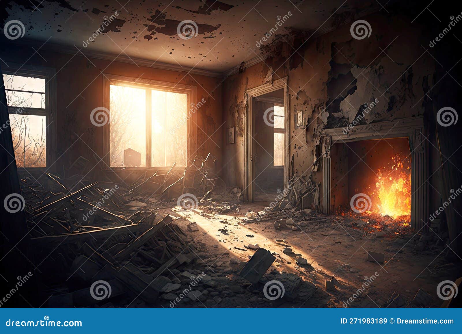 Interior Burning House after Severe Fire Covered with Burning and Ash ...