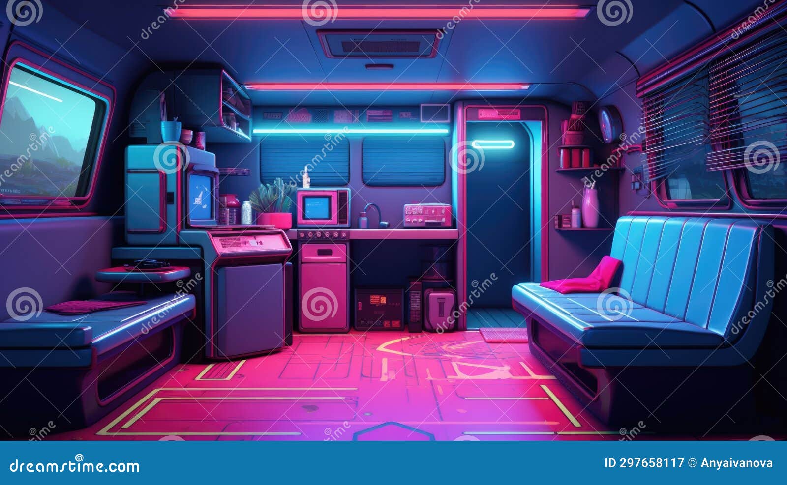 The Interior of a Bus with Neon Lights, Neon Interior of Camper Van in ...
