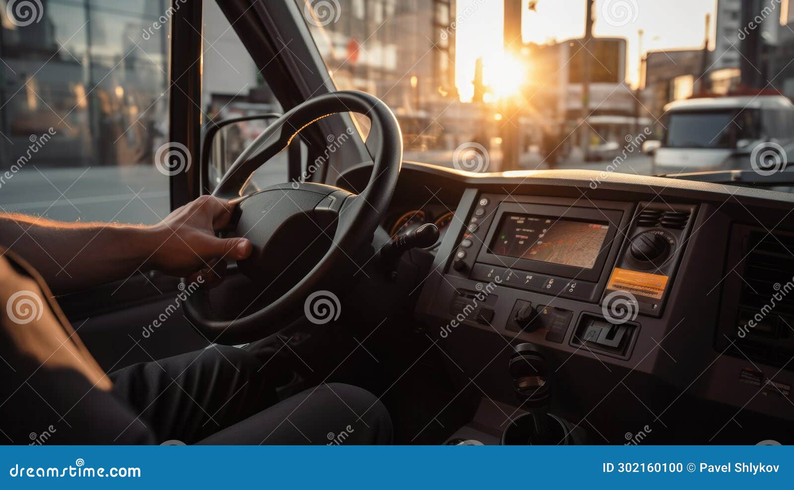 Interior of Cab Airport Transfer Bus with Driver in Motion on Fast ...
