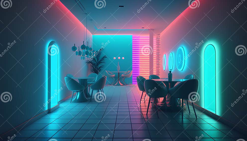 Interior of a Cafe with Neon Lights. 3D Rendering Stock Illustration ...