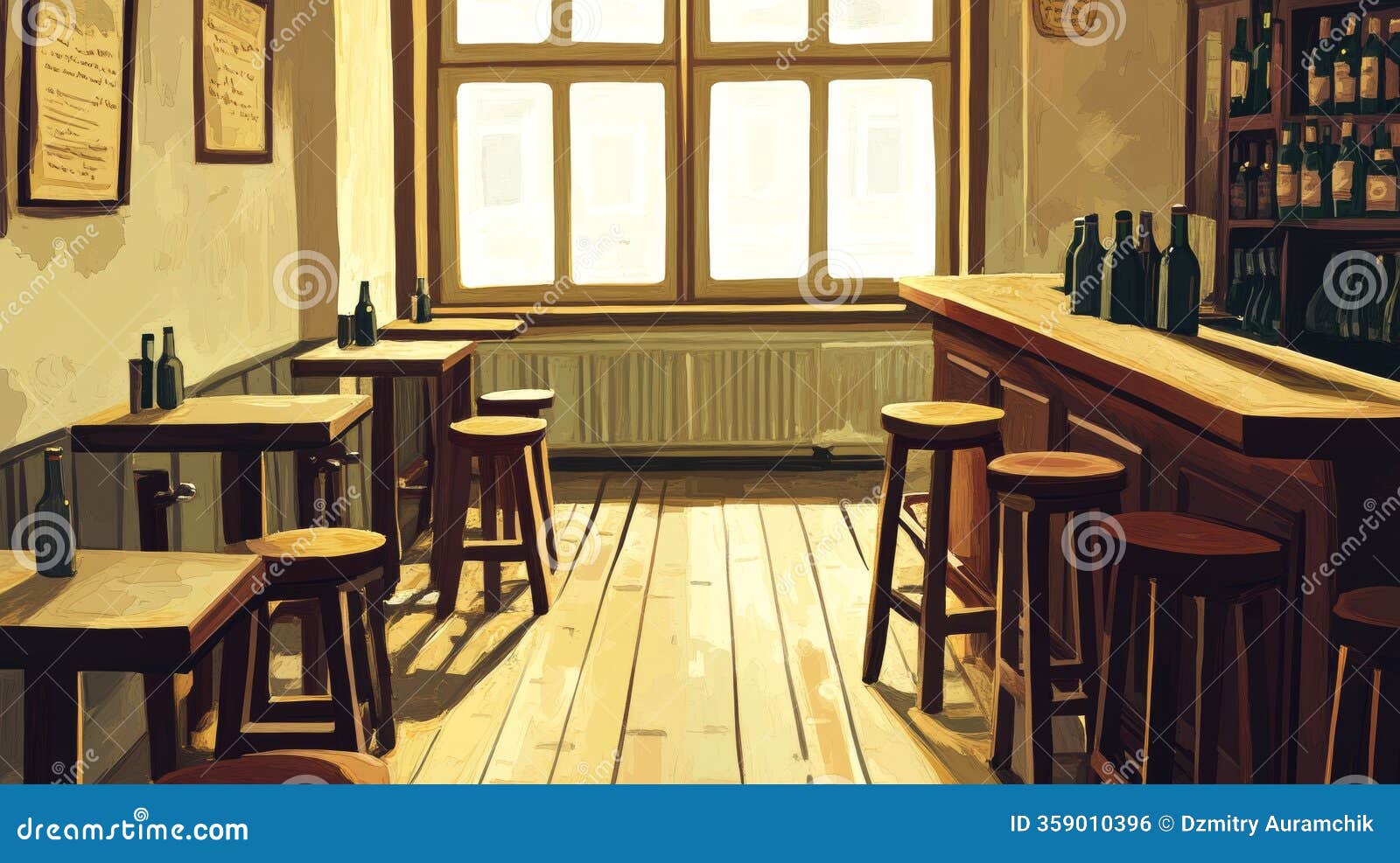 An Interior Cafe Sketch with an Empty Bar, Bathed in Sunlight ...