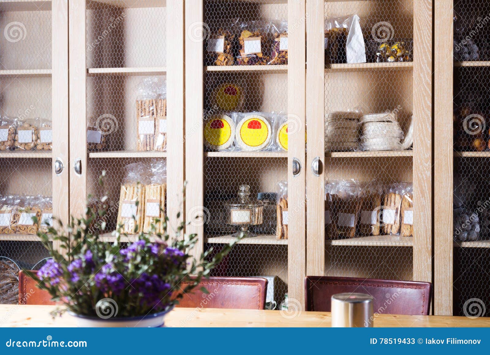 Interior of Cafe with Sweet Stuff in Cupboards Stock Image - Image of ...
