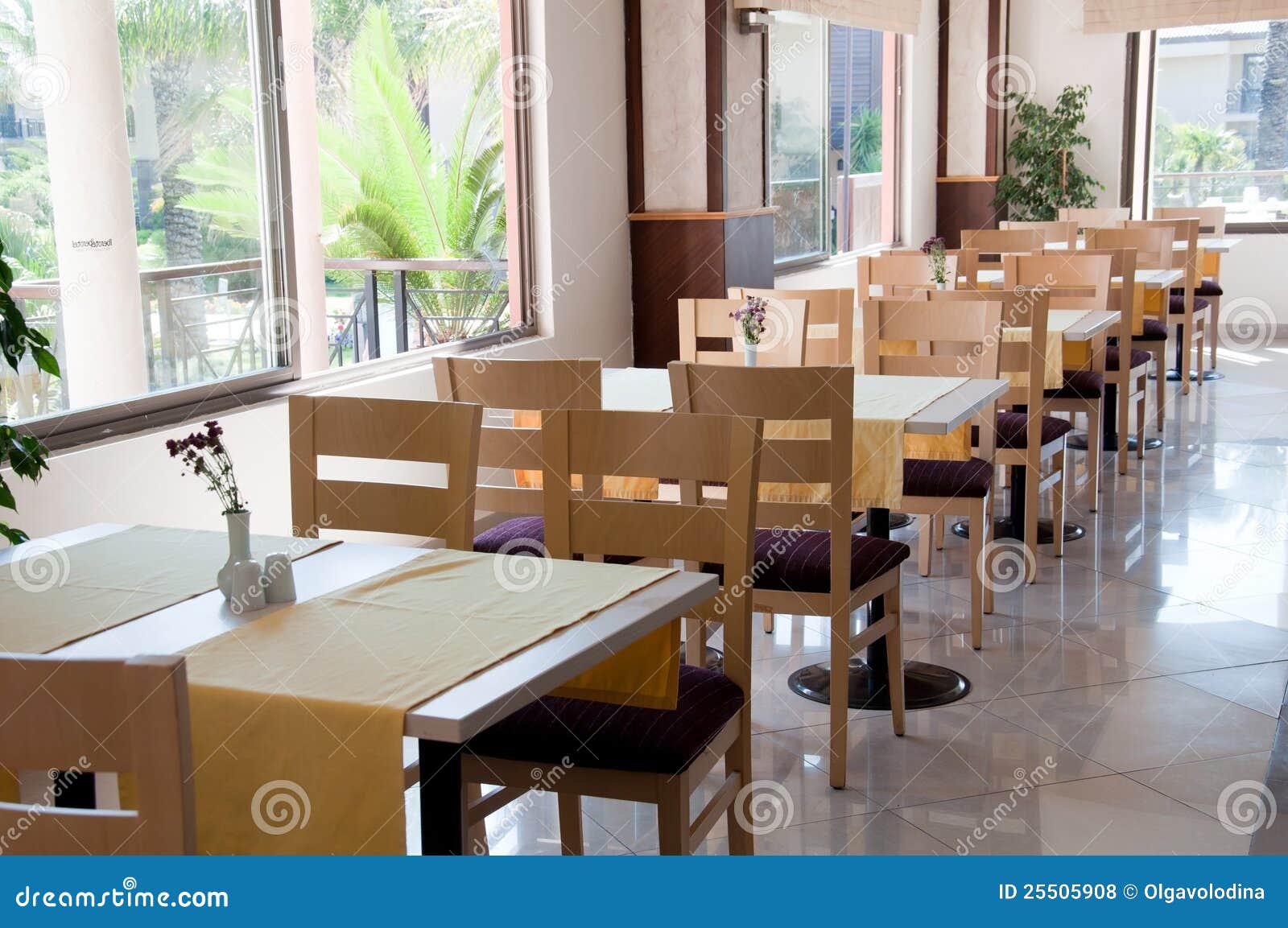 Interior of Cafe with Wooden Tables Stock Photo - Image of banquet ...