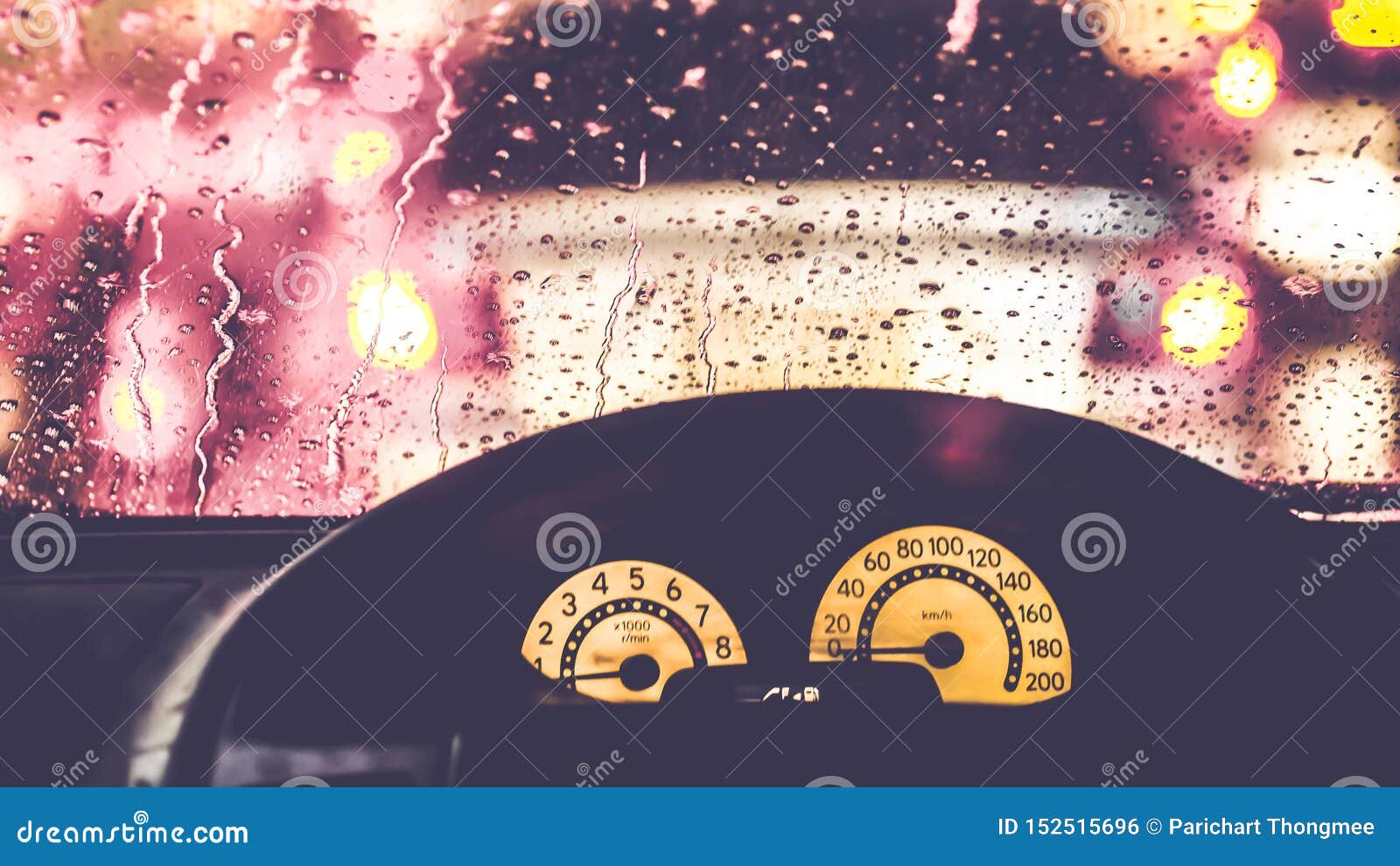 Interior of Car when Rains Blur of Light on the Road in a Raining Day ...
