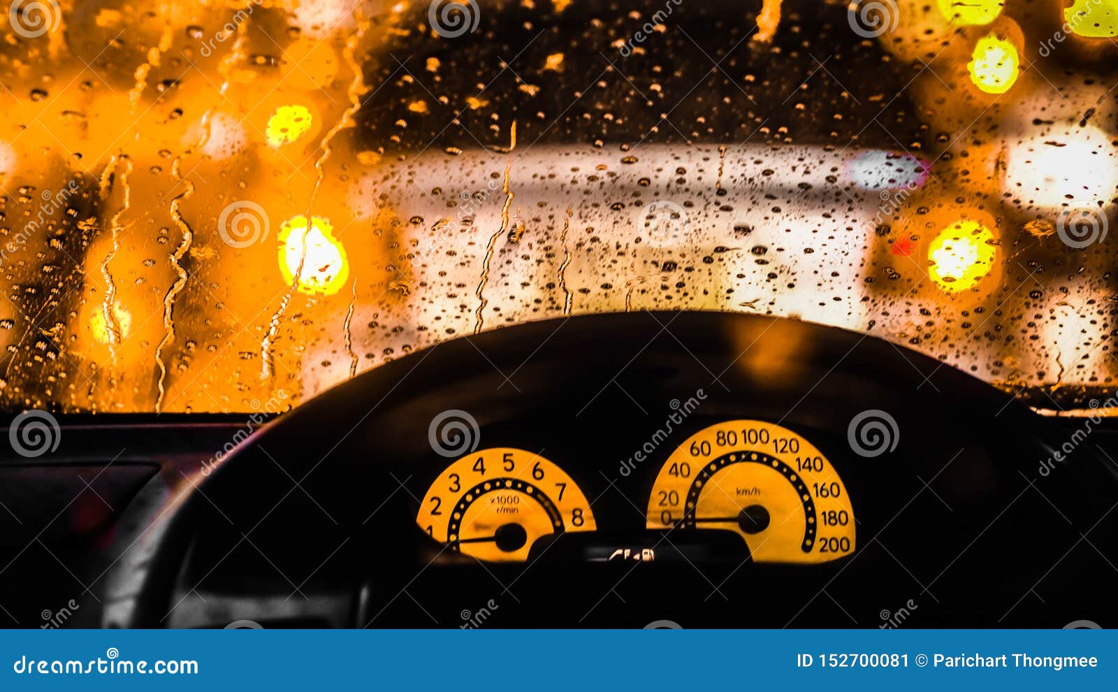 Interior of Car when Rains Blur of Light on the Road in a Raining Day ...