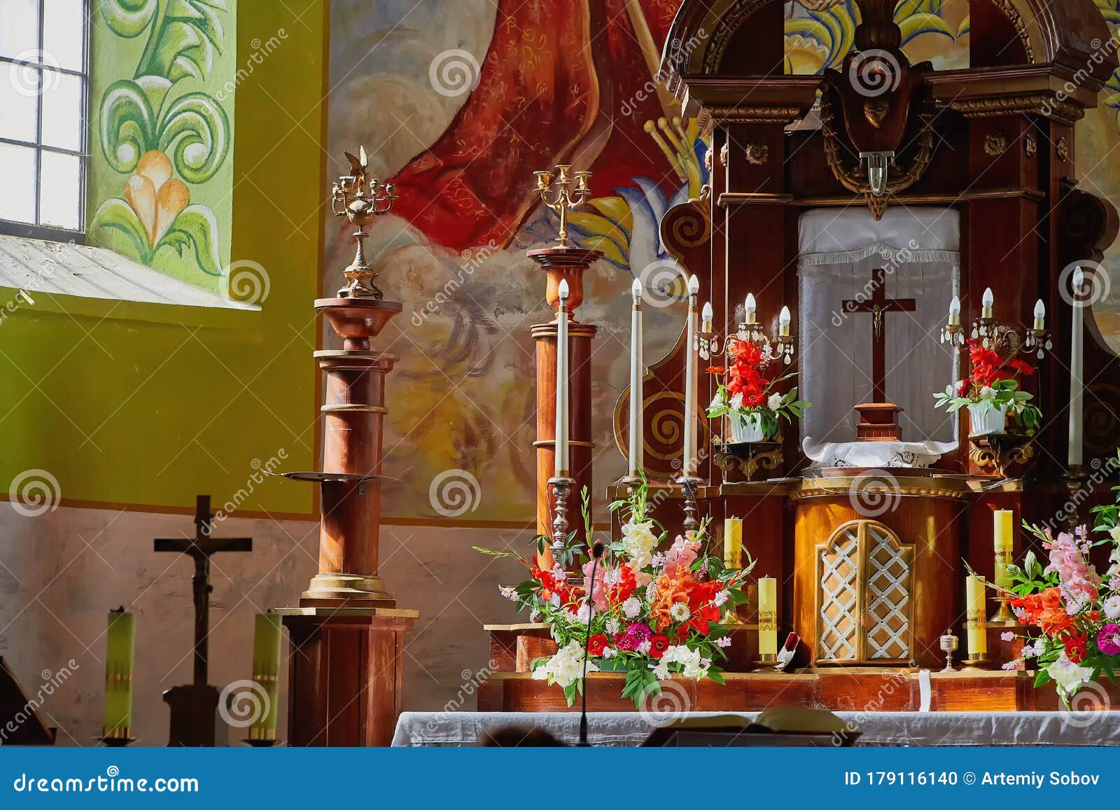 Interior of a Catholic Church. Painted Walls and Ceiling in the Church ...