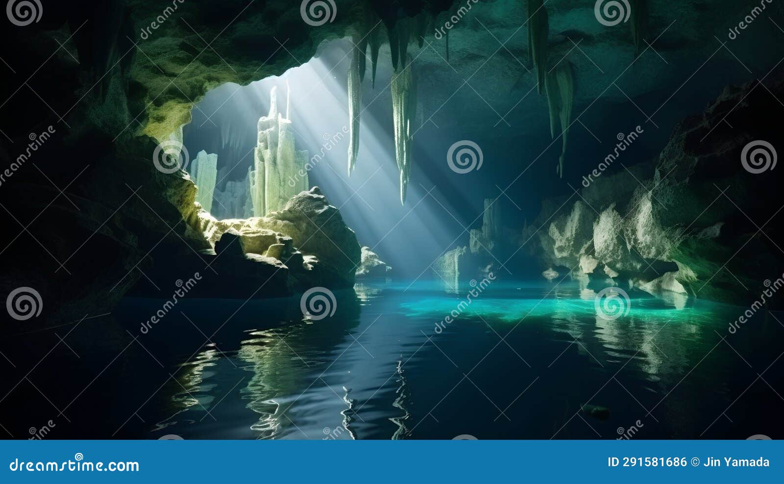 Interior of a Cave with Light Rays Coming Out of the Water Stock ...