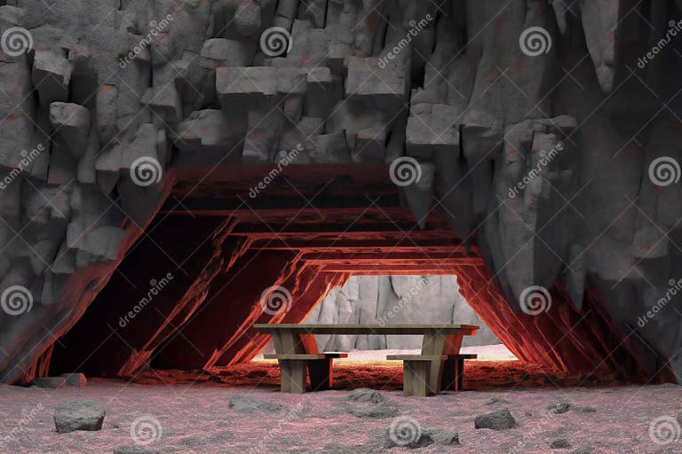 Interior of a Cave with a Table and Benches, Stock Illustration ...