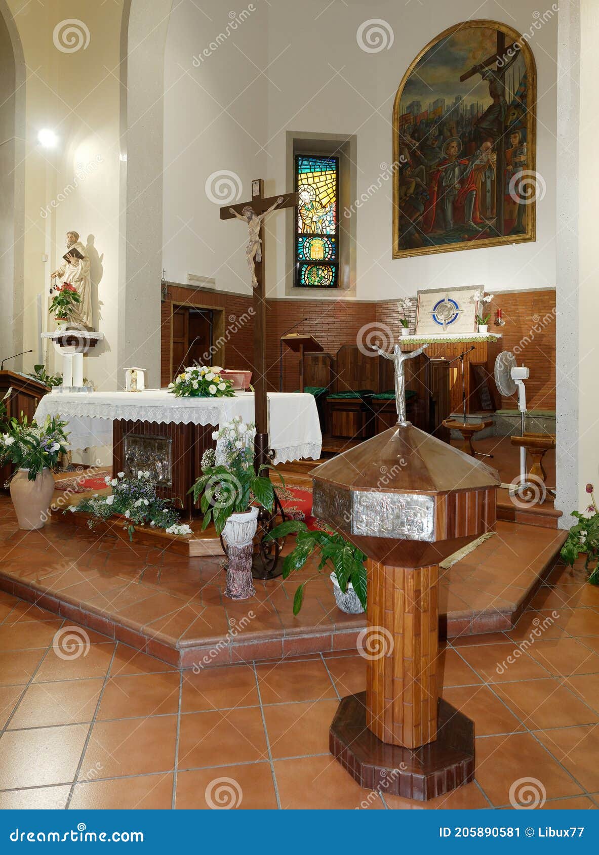 Interior of Christian Church Altar Cross Stock Image - Image of flowers ...