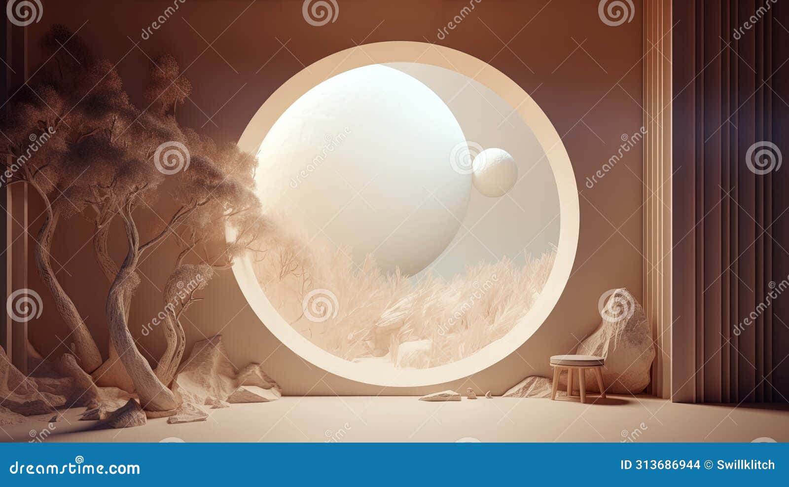 Interior with Circular Architecture Form in 3D Style. Abstract Room ...