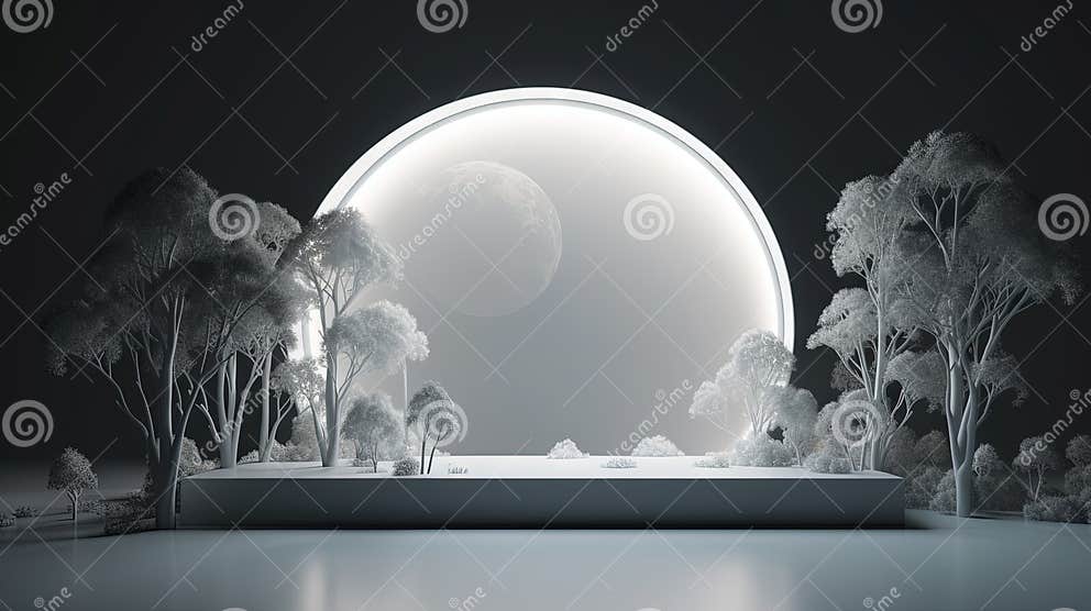 Interior with Circular Architecture Form in 3D Style. Abstract Room with Arc Element and Trees ...